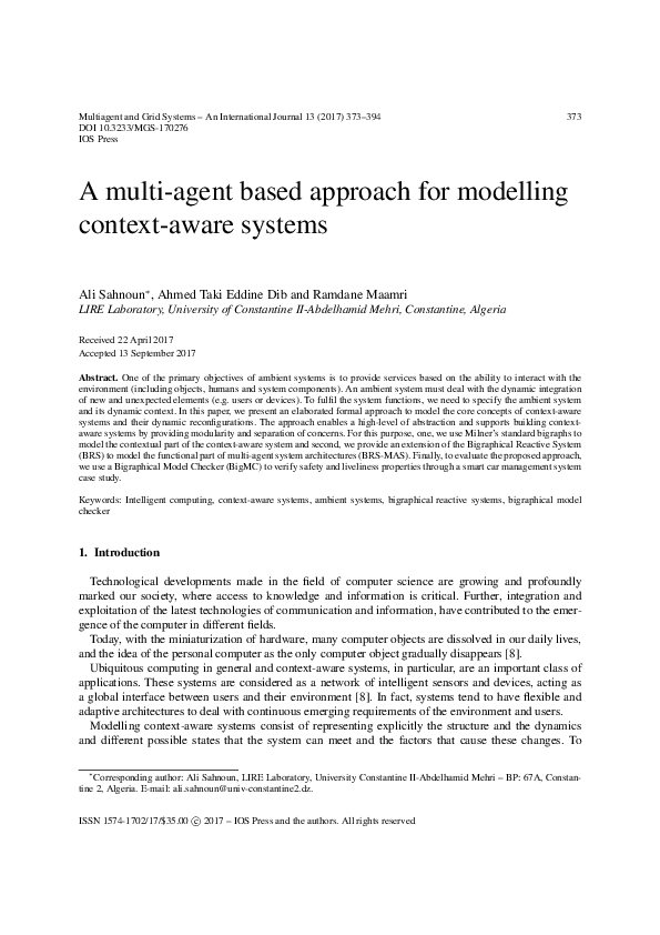 (PDF) A multi-agent based approach for modelling context-aware systems | ramdane maamri ...
