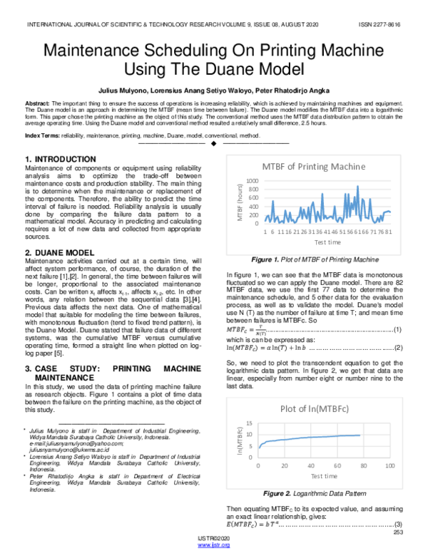 (PDF) Maintenance Scheduling On Printing Machine Using The Duane Model