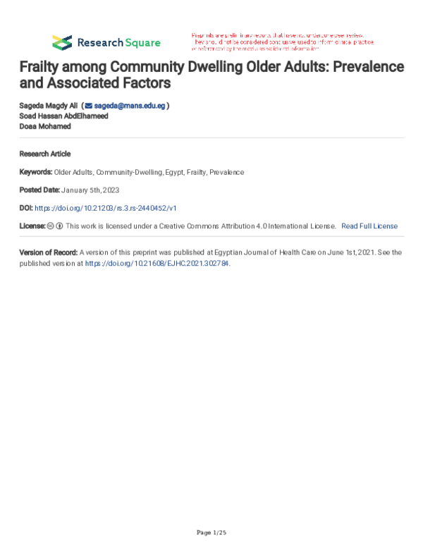 (PDF) Frailty among Community Dwelling Older Adults: Prevalence and Associated Factors