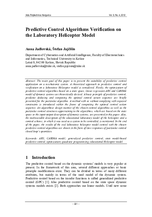 (PDF) Predictive Control Algorithms Verification on the Laboratory Helicopter Model