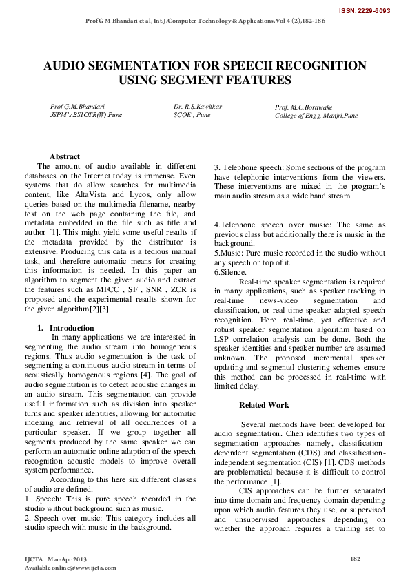 (PDF) Audio Segmentation for Speech Recognition Using Segment Features