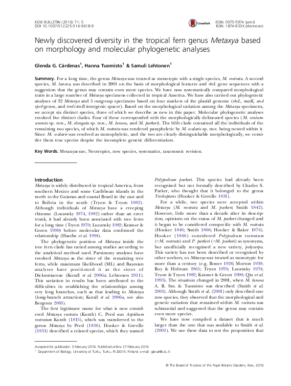 (PDF) Newly discovered diversity in the tropical fern genus Metaxya ...