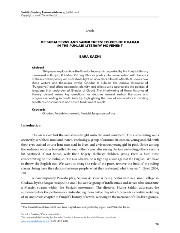 (PDF) OF SUBALTERNS AND SAMMI TREES: ECHOES OF GHADAR IN THE PUNJABI ...