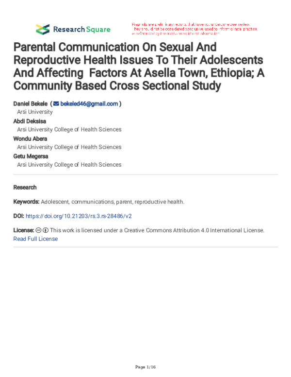 (PDF) Parental Communication On Sexual And Reproductive Health Issues To Their Adolescents And ...