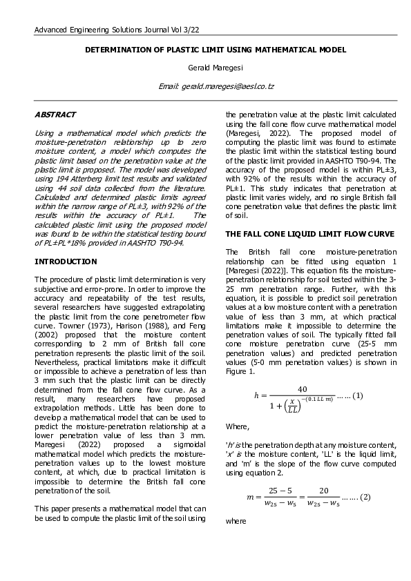 (PDF) Determination of Plastic Limit Using Mathematical Model