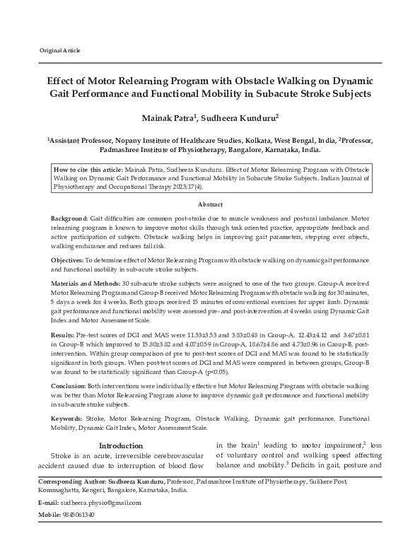 (PDF) Effect of Motor Relearning Program with Obstacle Walking on Dynamic Gait Performance and ...