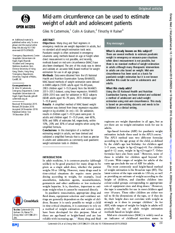 (PDF) Mid-arm circumference can be used to estimate weight of adult and ...