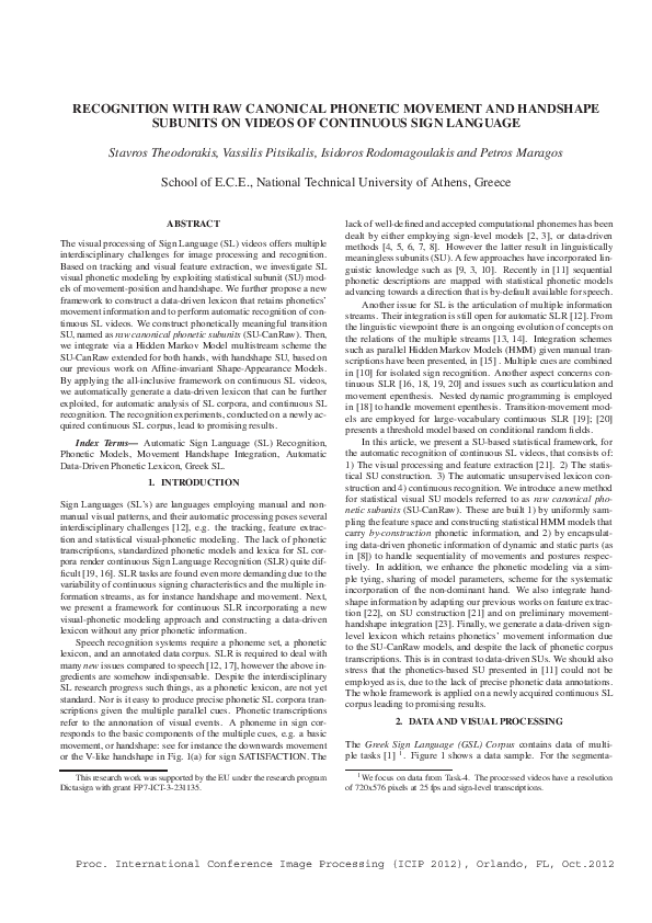 Pdf Recognitionwith Raw Canonical Phonetic Movement And Handshape Subunits On Videos Of