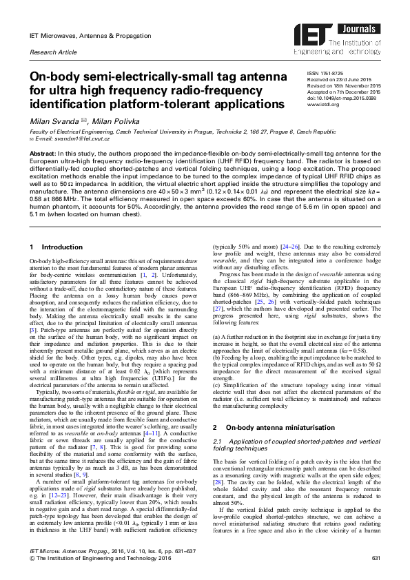 (PDF) On‐body semi‐electrically‐small tag antenna for ultra high frequency radio‐frequency ...