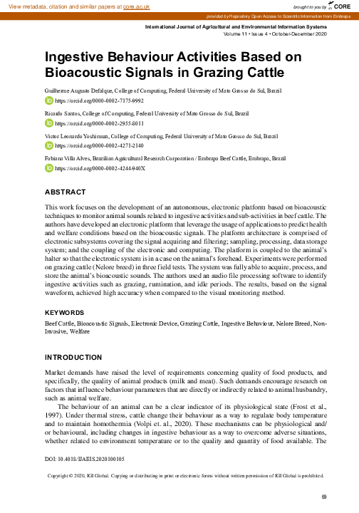 (PDF) Ingestive Behaviour Activities Based on Bioacoustic Signals in ...
