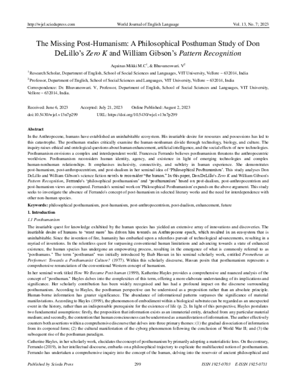 (PDF) The Missing Post-Humanism: A Philosophical Posthuman Study of Don DeLillo’s Zero K and ...