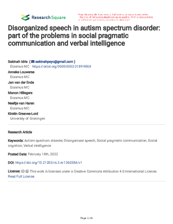 (PDF) Disorganized speech in autism spectrum disorder: part of the ...