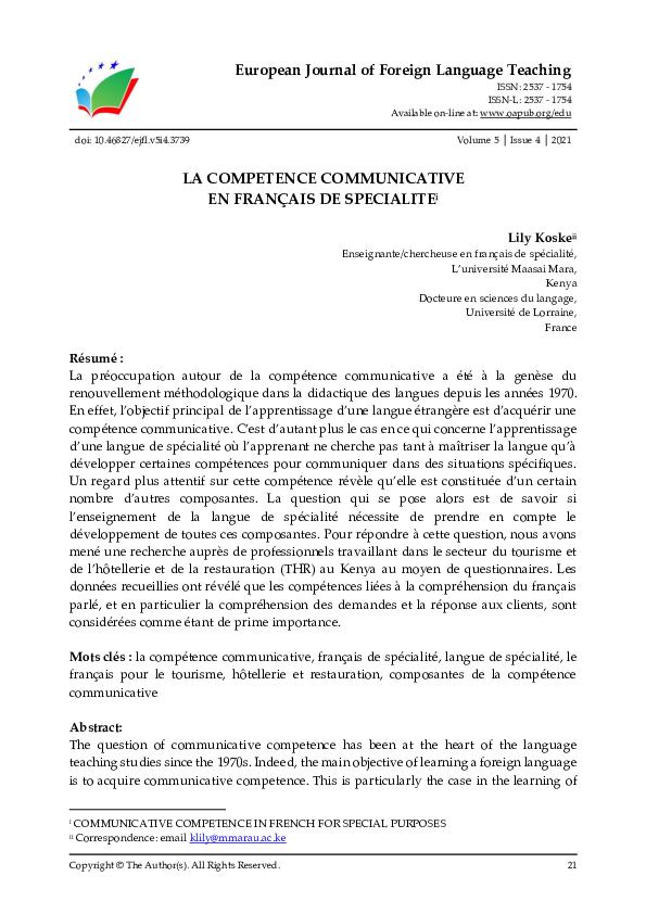 (PDF) La Competence Communicative en Français De Specialite ...