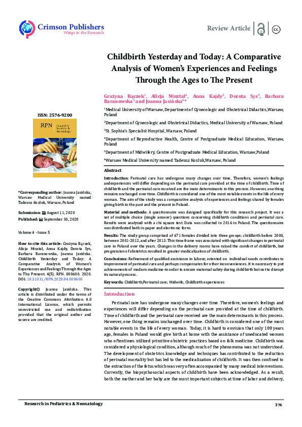 (PDF) Childbirth Yesterday and Today: A Comparative Analysis of Women's ...