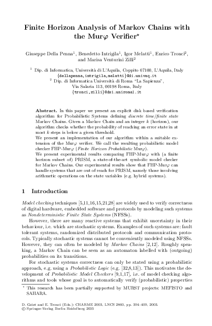 (PDF) Finite Horizon Analysis of Markov Chains with the Murϕ Verifier