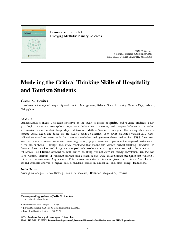(PDF) Modeling the Critical Thinking Skills of Hospitality and Tourism ...