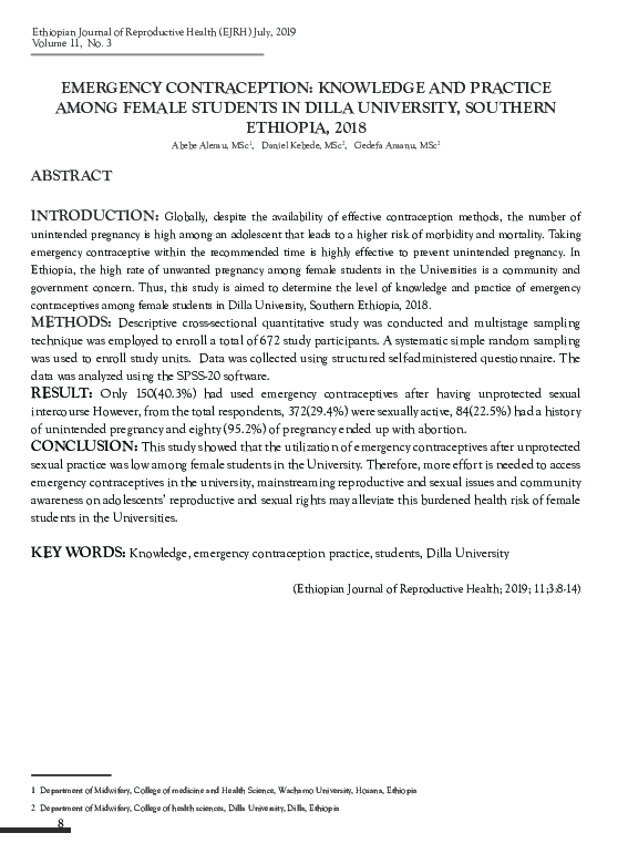 (PDF) Emergency Contraception: Knowledge and Practice Among Female ...