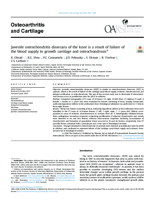 (PDF) Juvenile osteochondritis dissecans of the knee is a result of failure of the blood supply ...