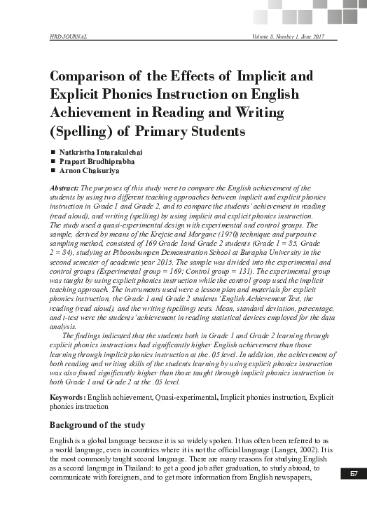 (PDF) Comparison of the Effects of Implicit and Explicit Phonics Instruction on English ...