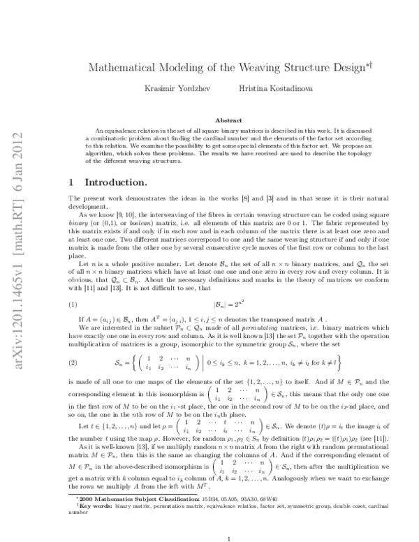 (PDF) Mathematical Modeling of the Weaving Structure Design | Krasimir Yordzhev - Academia.edu