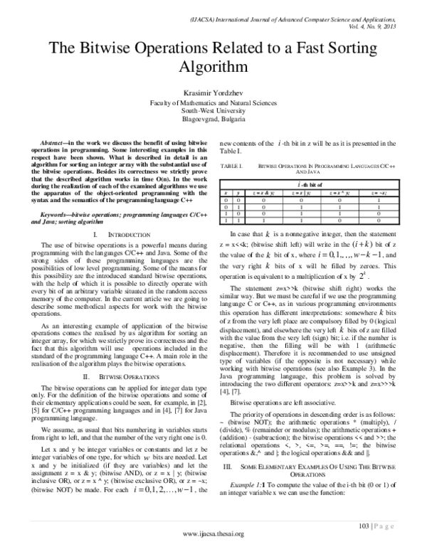 Pdf The Bitwise Operations Related To A Fast Sorting Algorithm Krasimir Yordzhev 