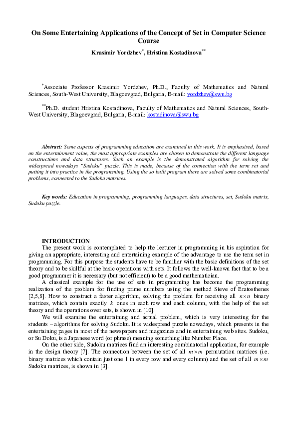 Pdf On Some Entertaining Applications Of The Concept Of Set In Computer Science Course