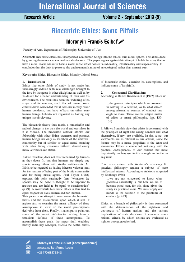 (PDF) Biocentric Ethics: Some Pitfalls