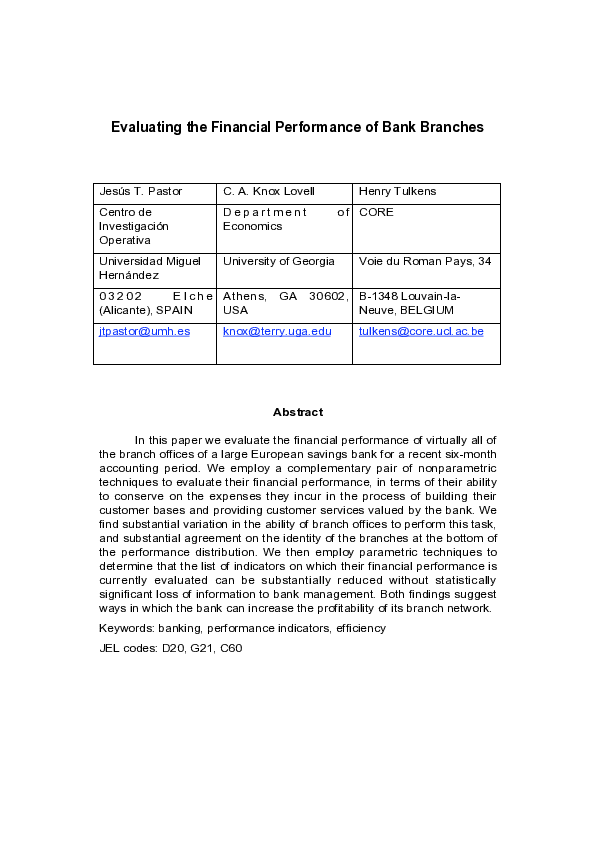 (PDF) Evaluating the Financial Performance of Bank Branches