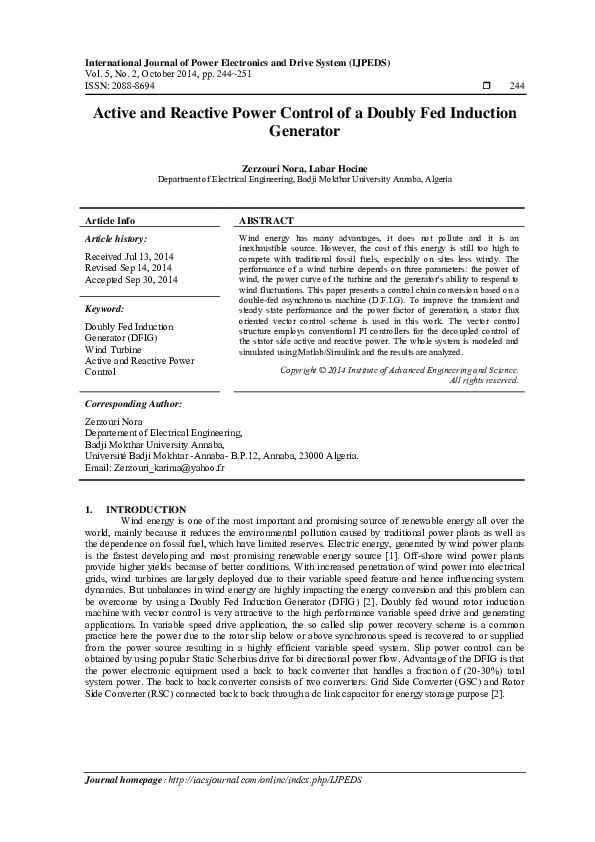 Pdf Active And Reactive Power Control Of A Doubly Fed Induction