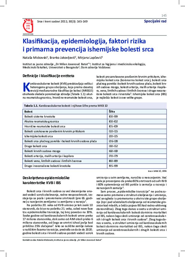 (PDF) Klasifikacija, epidemiologija, faktori rizika i primarna prevencija ishemijske bolesti srca