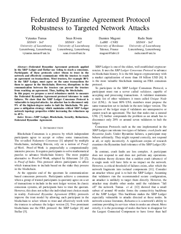 (PDF) Federated Byzantine Agreement Protocol Robustness to Targeted Network Attacks