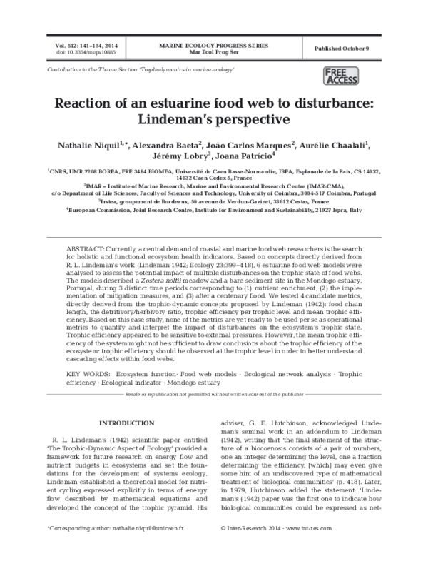 (PDF) Reaction of an estuarine food web to disturbance: Lindeman’s ...