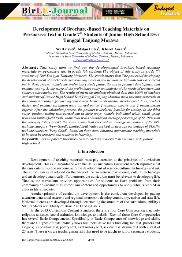 (PDF) Development of Brochure-Based Teaching Materials on Persuasive ...