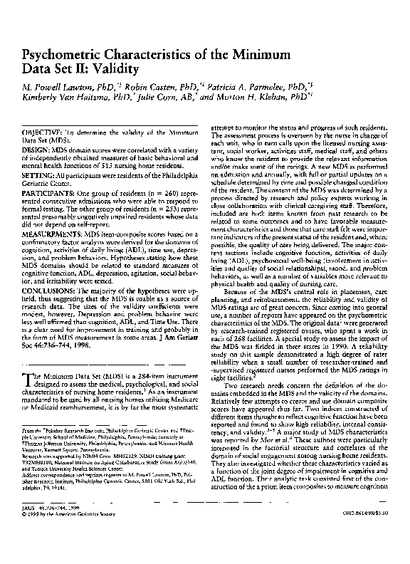 Pdf Psychometric Characteristics Of The Minimum Data Set Ii Validity