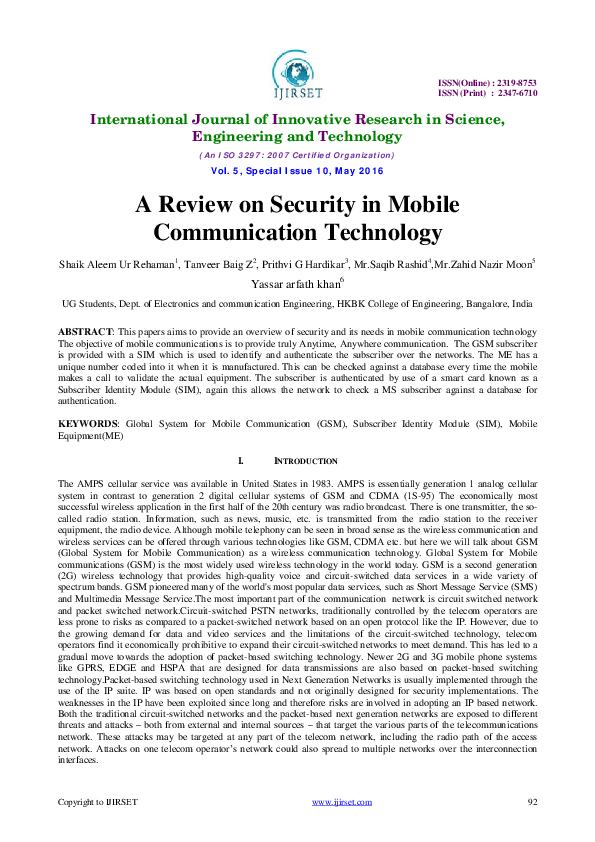 (PDF) A Review on Security in Mobile Communication Technology