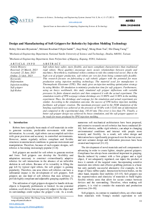 (PDF) Design and Manufacturing of Soft Grippers for Robotics by Injection Molding Technology