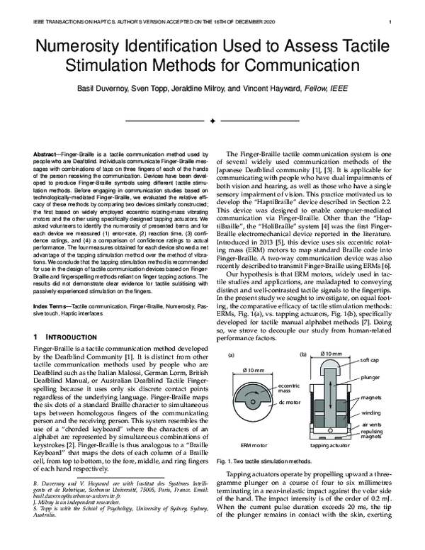 (PDF) Numerosity Identification Used to Assess Tactile Stimulation Methods for Communication
