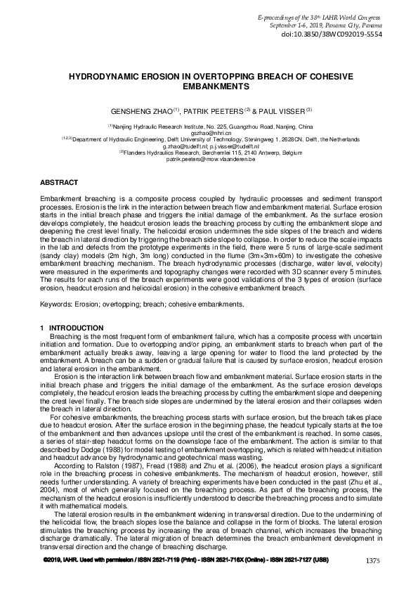 (PDF) Hydrodynamic Erosion in Overtopping Breach of Cohesive Embankments