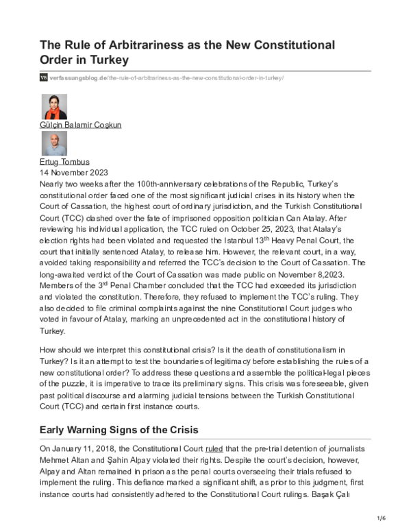 (PDF) The Rule of Arbitrariness as the New Constitutional Order in Turkey