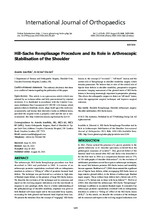 (PDF) Hill-Sachs Remplissage Procedure and its Role in Arthroscopic ...