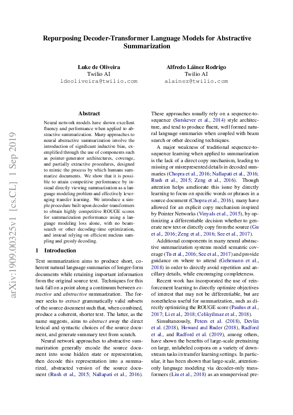 (PDF) Repurposing Decoder-Transformer Language Models for Abstractive Summarization | Luke ...