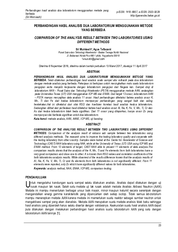 (PDF) Perbandingan Hasil Analisis Dua Laboratorium Menggunakan Metode Yang Berbeda