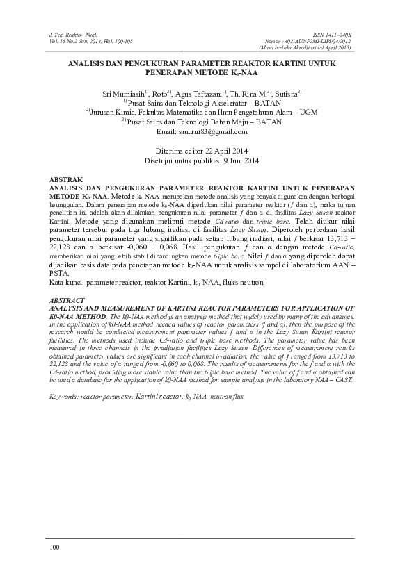 (PDF) Analisis Dan Pengukuran Parameter Reaktor Kartini Untuk Penerapan Metode K0-NAA