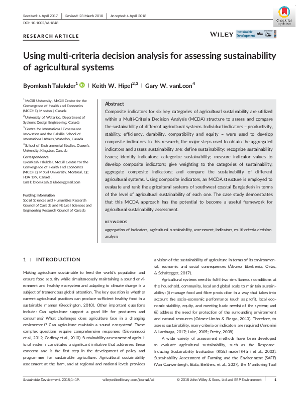 Pdf Using Multi Criteria Decision Analysis For Assessing Sustainability Of Agricultural Systems