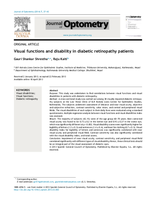 (PDF) Visual functions and disability in diabetic retinopathy patients