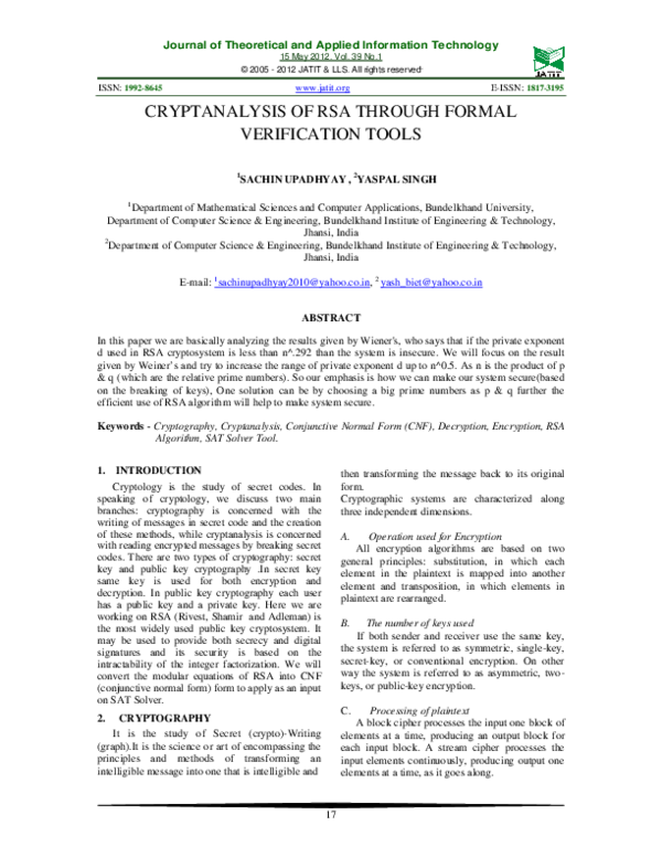 (PDF) Cryptanalysis of Rsa Through Formal Verification Tools