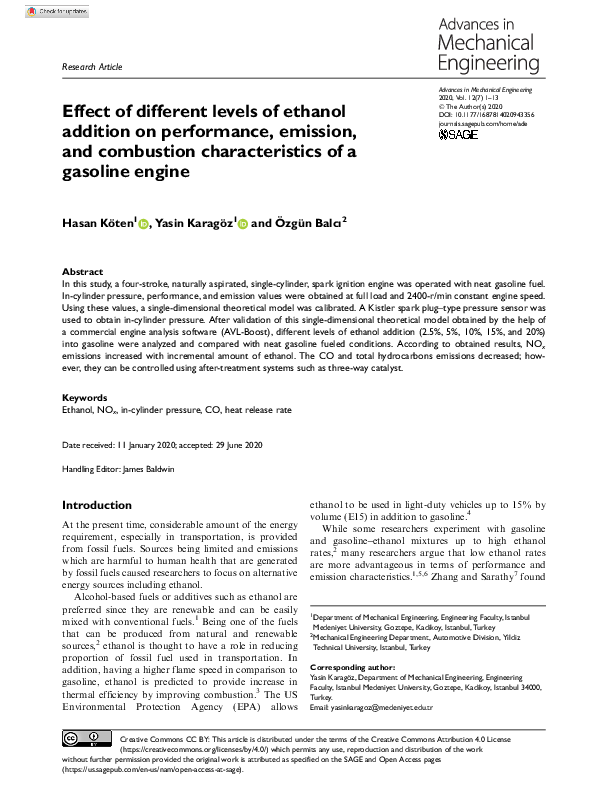 (PDF) Effect of different levels of ethanol addition on performance, emission, and combustion ...