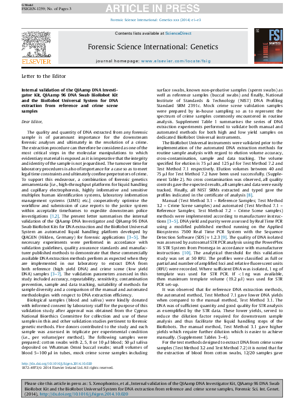 Pdf Internal Validation Of The Qiaamp Dna Investigator Kit Qiaamp 96 Dna Swab Biorobot Kit