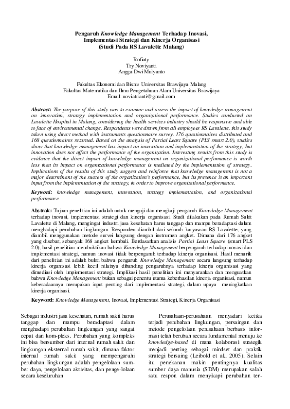 (PDF) Pengaruh Knowledge Management Te rhadap Inovasi, Implementasi Strategi dan Kinerja ...