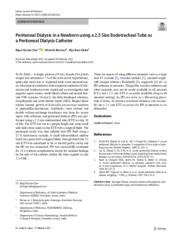 (PDF) Peritoneal Dialysis in a Newborn using a 2.5 Size Endotracheal ...
